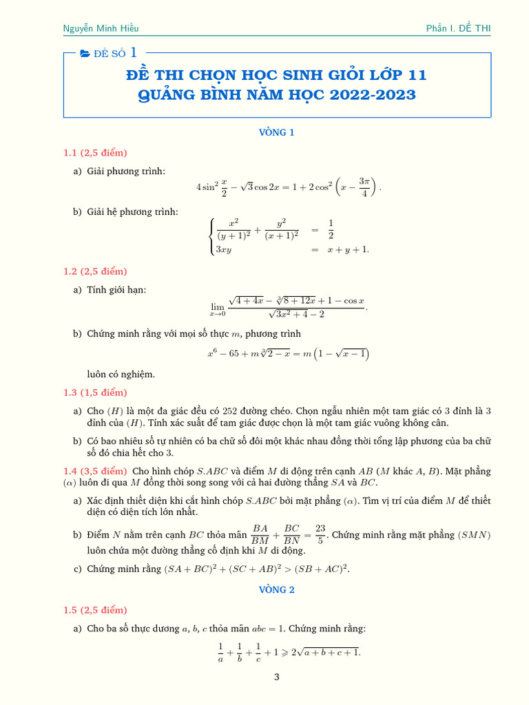 De Thi Hoc Sinh Gioi Toan 11 So GDDT Quang Binh | PDF