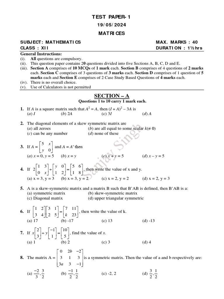 TEST PAPER FOR MATRICES AND DET | Download Free PDF | Matrix ...