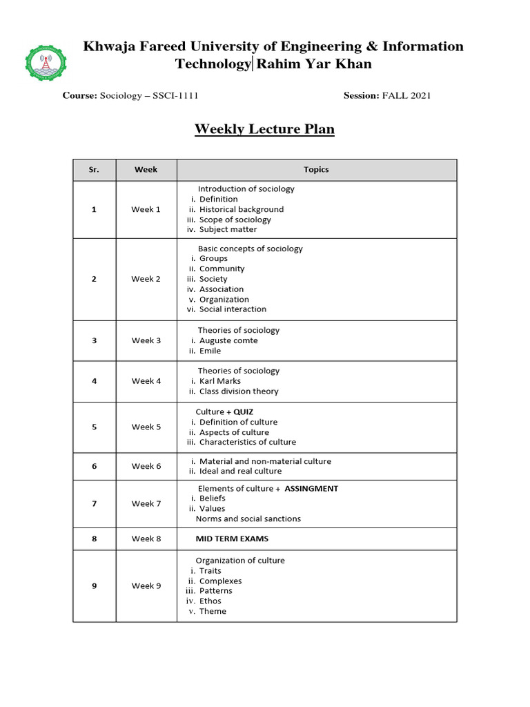 Sociology (SSCI-1111) - 16 Week Plan | PDF | Sociology | Socialization