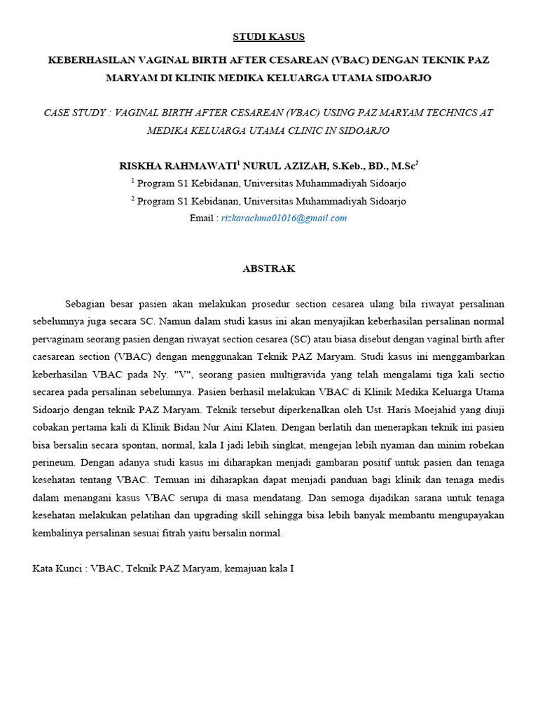 Studi Kasus Keberhasilan Vaginal Birth After Cesarean (Vbac) Dengan Teknik Paz Maryam Di Klinik ...