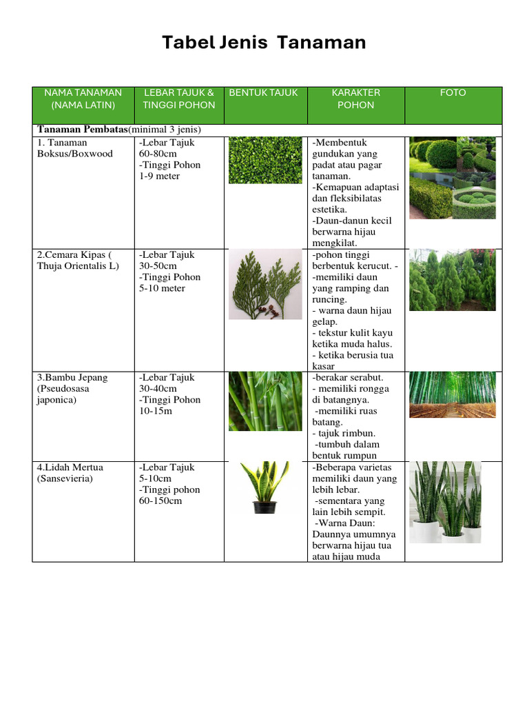 Tabel Jenis Tanaman: Nama Tanaman (Nama Latin) Lebar Tajuk & Tinggi ...