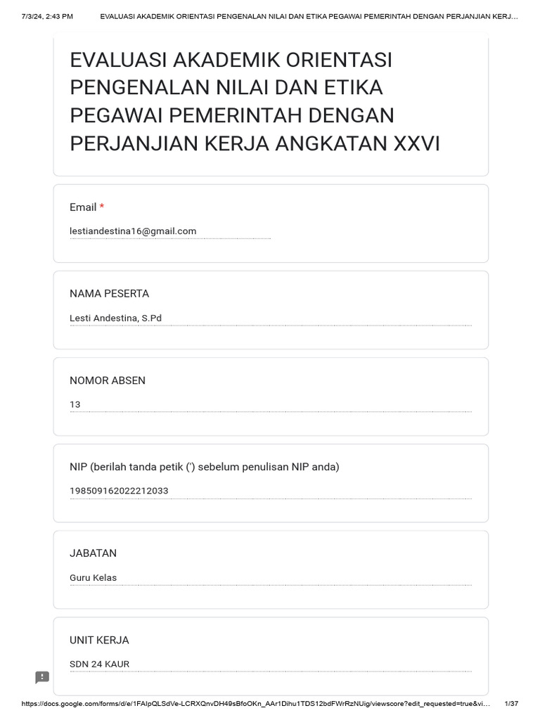Evaluasi Akademik Orientasi Pengenalan Nilai Dan Etika Pegawai Pemerintah Dengan Perjanjian ...