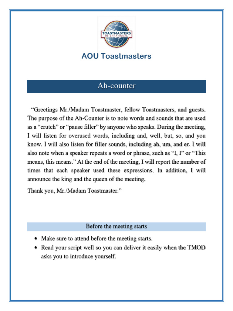 AOU Toastmasters (Ah-Counter) | PDF | Language Arts & Discipline