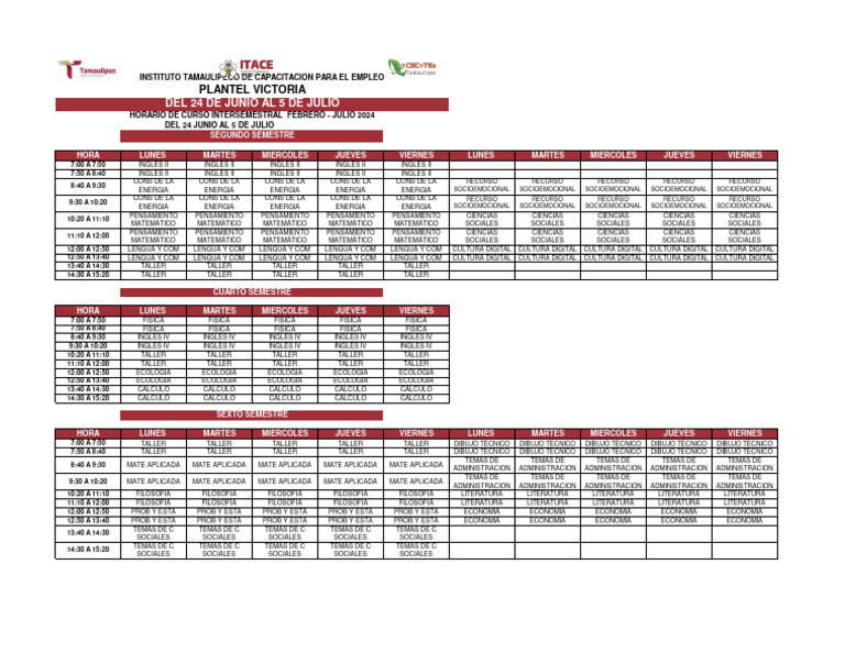 Horario Curso Intersemestral - 2 4 6 Semestre Feb Jul 2024 | PDF | Estudios de idiomas extranjeros