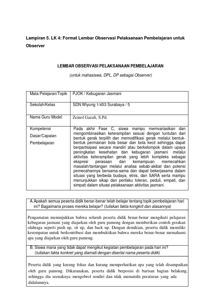 01.05.6-B3-4 Unggah LK 4 - Lembar Observasi Pembelajaran Pada Pembelajaran Ke-1 | PDF | Karier ...