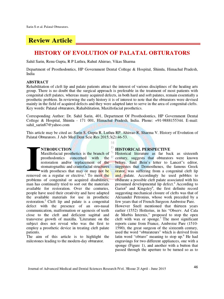 Review Article: History of Evolution of Palatal Obturators | PDF ...