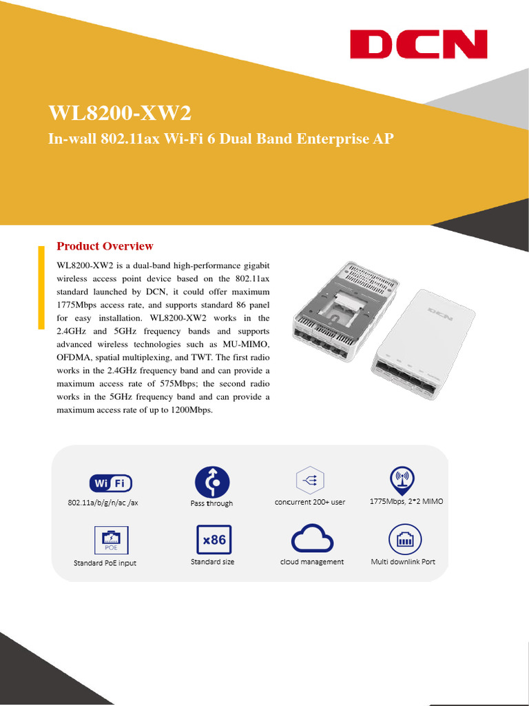 DCN WL8200 XW2 in Wall 802.11ax Wi Fi 6 Dual Band Enterprise AP Datasheet V14 | PDF | Wi Fi ...