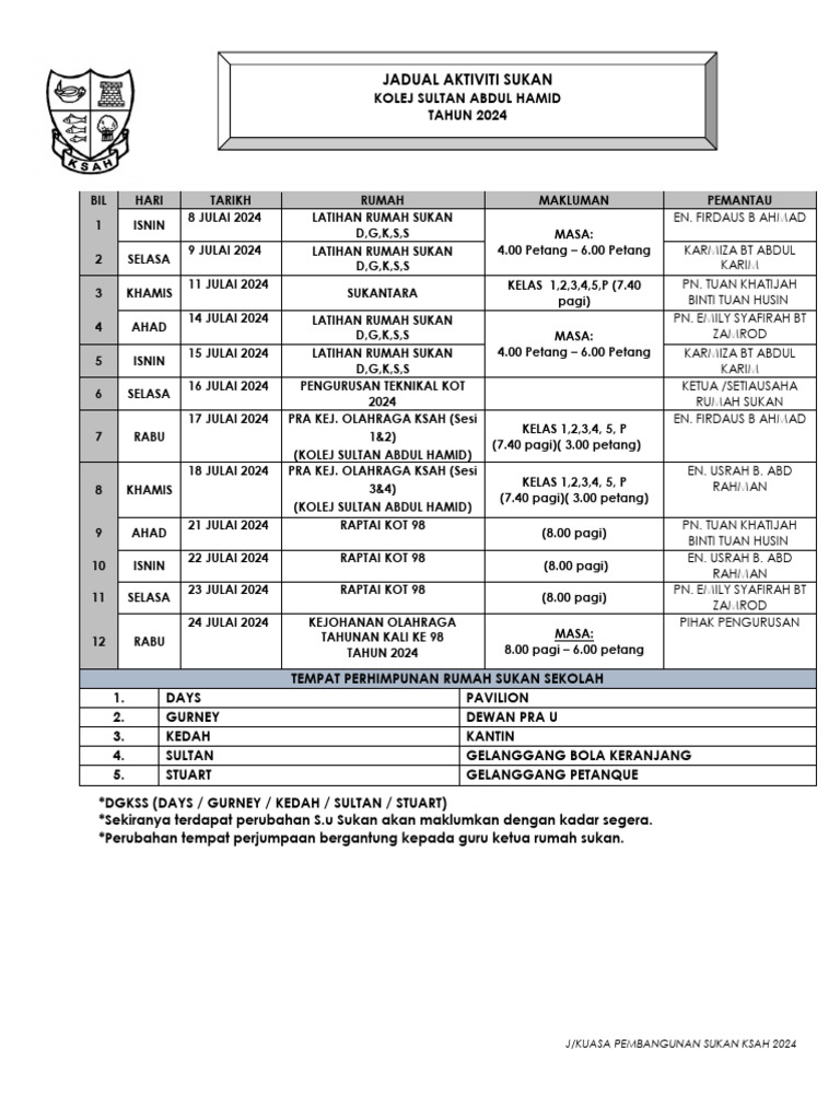 Jadual Aktiviti Sukan: J/Kuasa Pembangunan Sukan Ksah 2024 | PDF