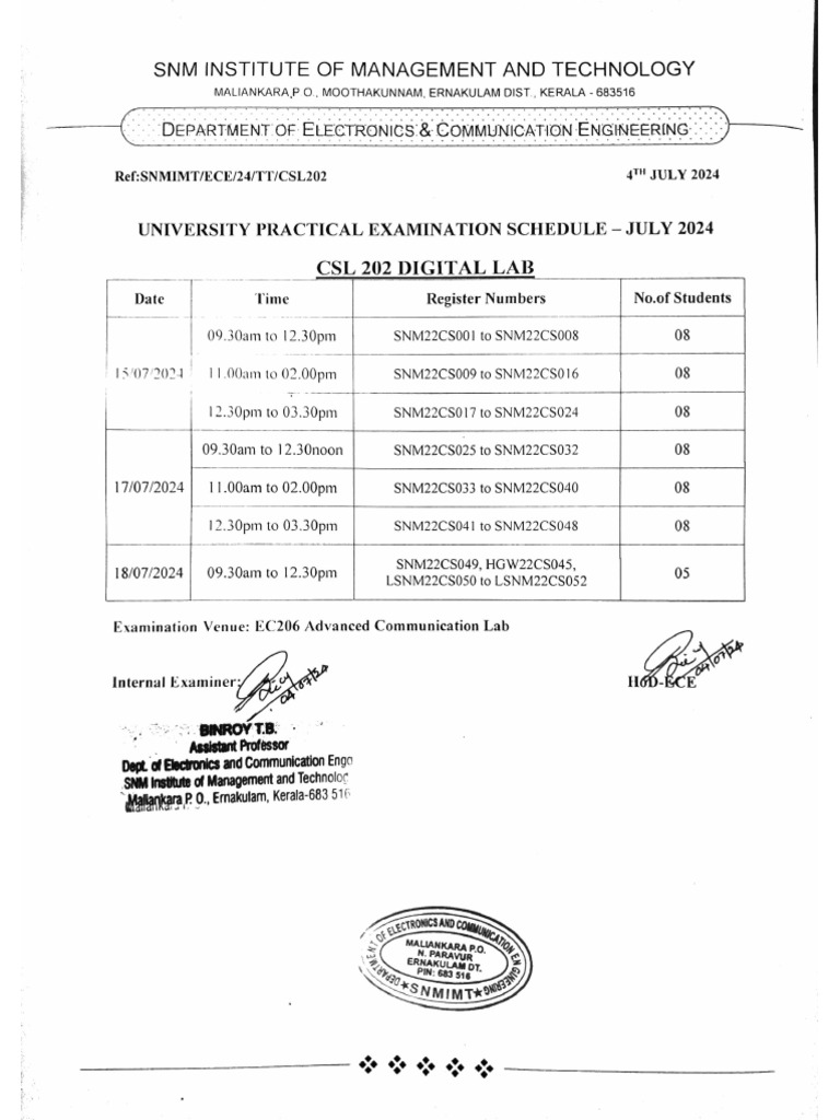 CSL202 Digital Lab Exam Time Table | PDF