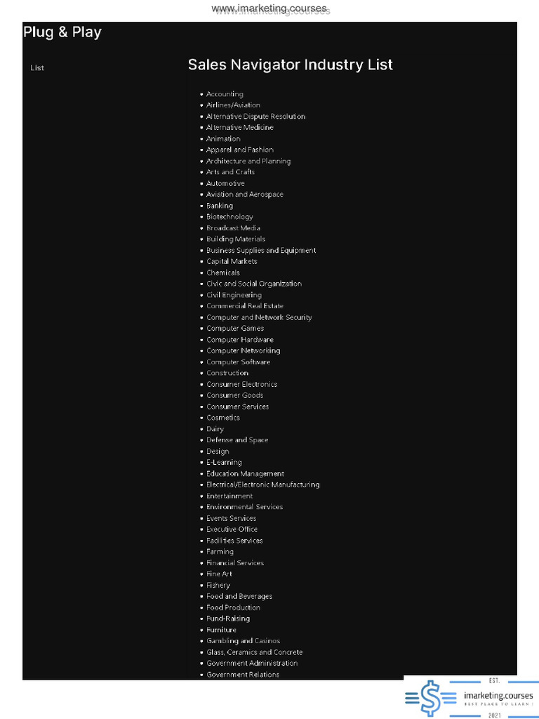 07-Sales Navigator Industry List | PDF | Engineering | Food Industry 07-Sales Navigator Industry List | PDF | Engineering | Food Industry