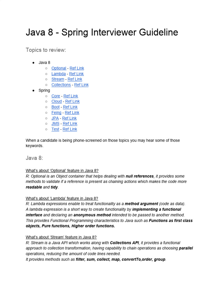 Java 8 - Spring Interviewer Guideline | PDF | Anonymous Function | Spring Framework