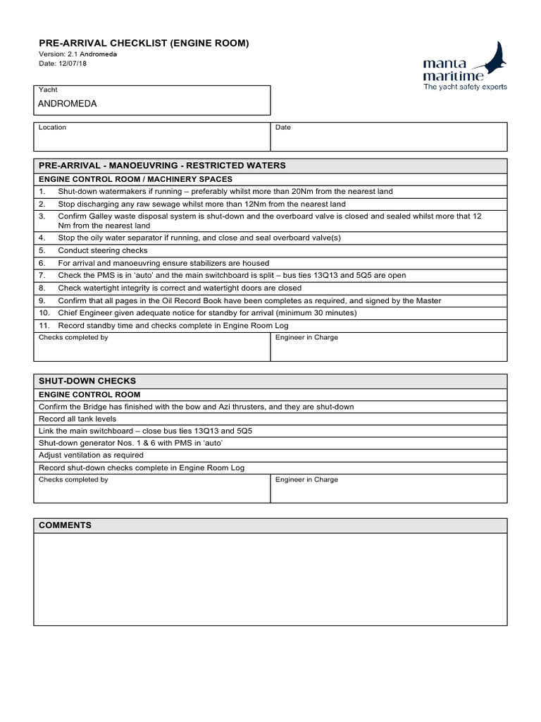 Arrival Checklist (Engine Room) | PDF | Technology & Engineering