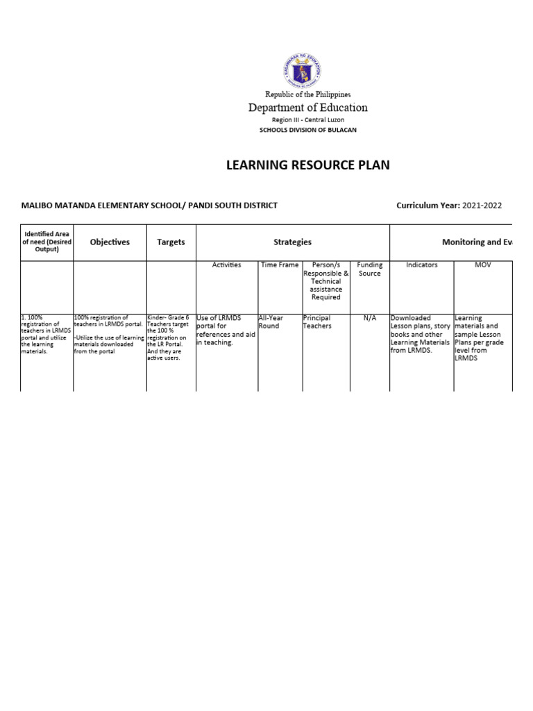 Malibo - Matanda - Es - Lr-Plan 2021-2022 | PDF | Teachers | Teaching