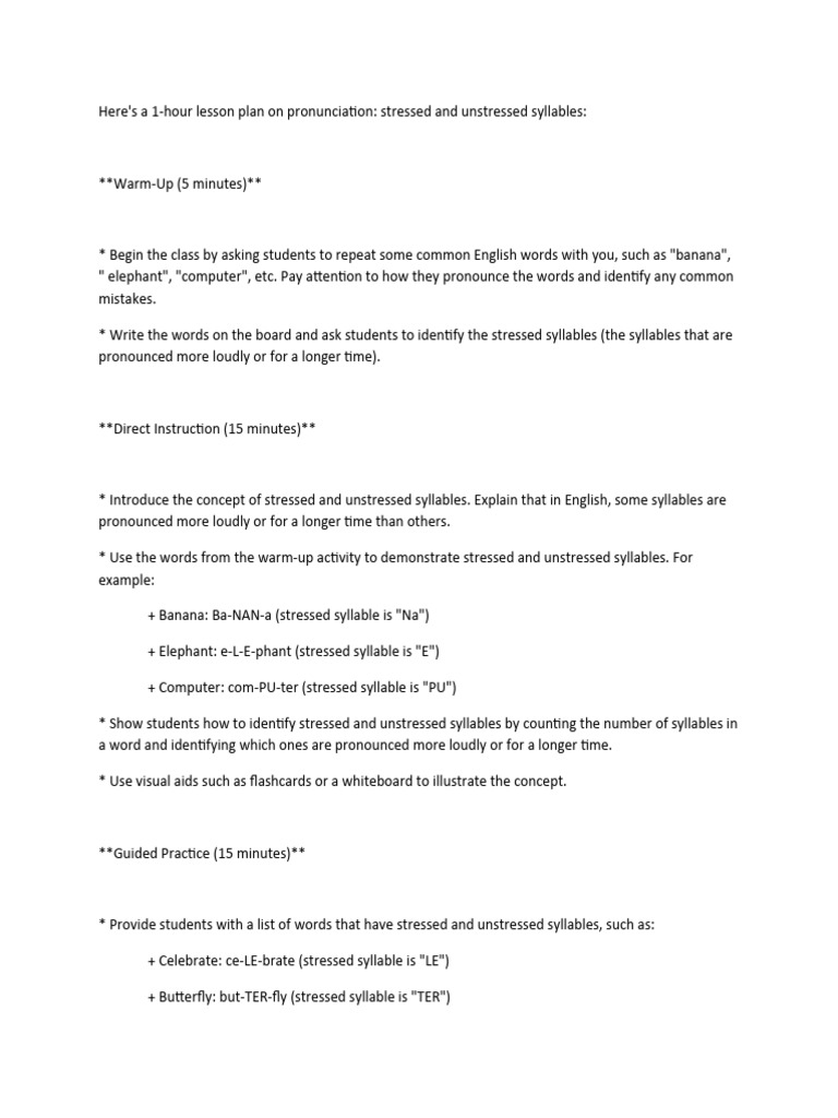 Here's A 1-Hour Lesson Plan On Pronunciation | PDF | Stress ...