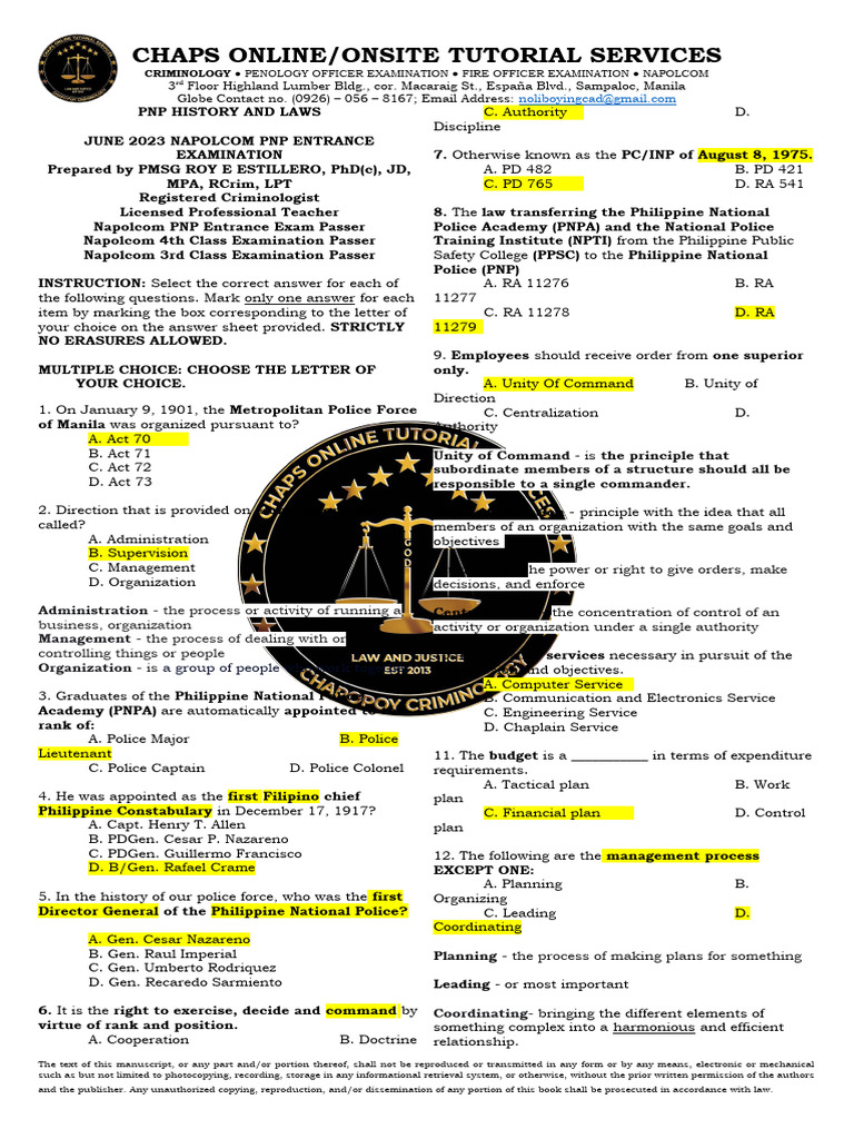 PNP History and Laws With Answer | PDF | Police | Law Enforcement