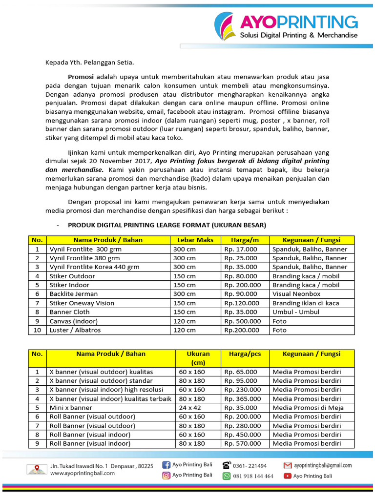 Penawaran Kerjasama Dan Price List Ayo P | PDF