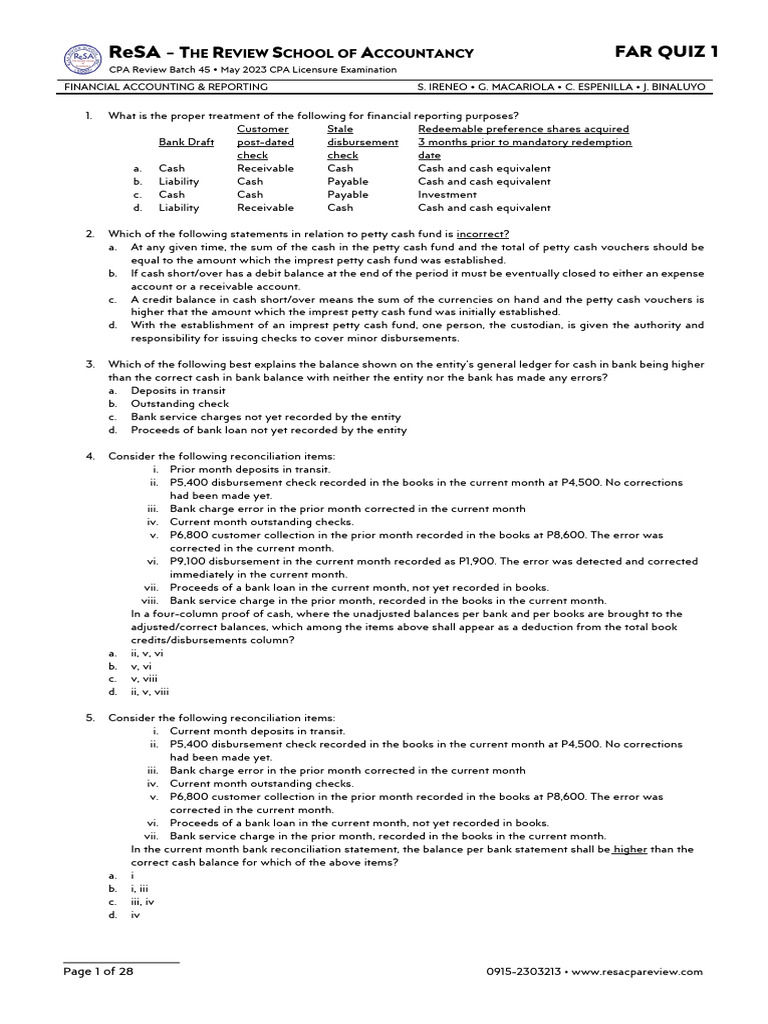 FAR Quiz 1 (B45) | PDF | Debits And Credits | Banks
