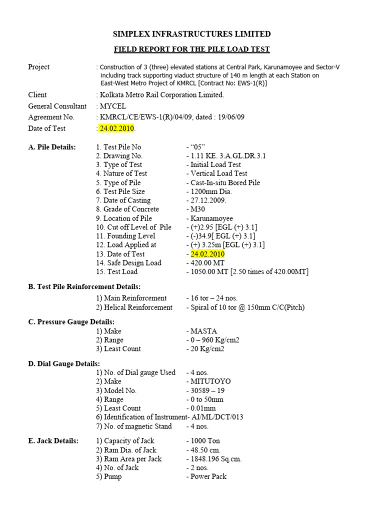Pile Load Test Report for Metro Project | PDF | Deep Foundation | Civil ...