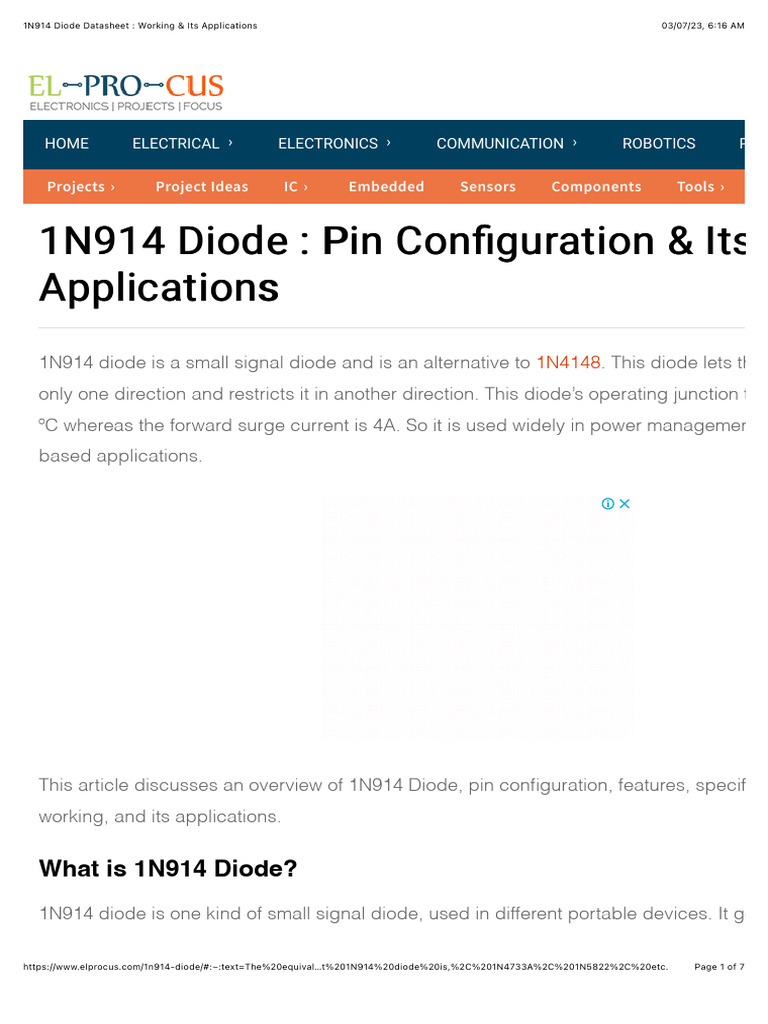 1N914 Diode Overview and Applications | PDF | Diode | P–N Junction