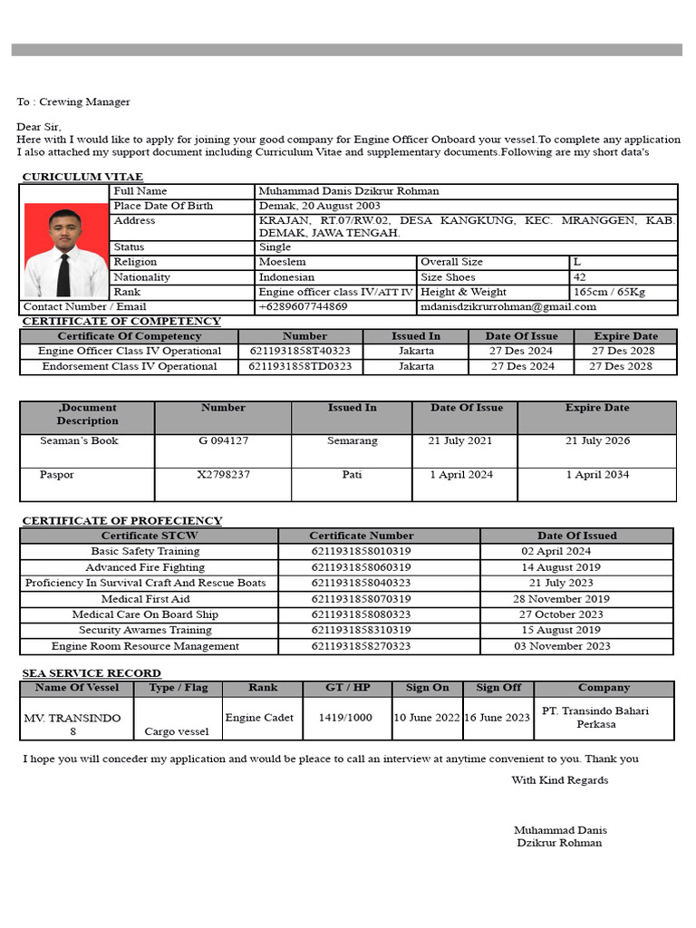CV Muhammad Danis Dzikrur Rohman | PDF | Shipping | Water Transport