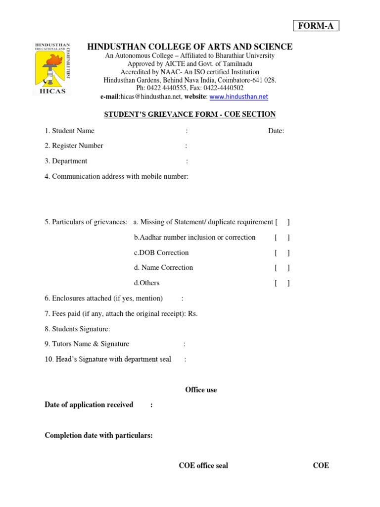 Form-A (Student Grievance Form) | PDF