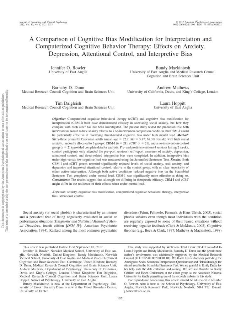 Bowler Et Al 2012 | PDF | Cognitive Behavioral Therapy | Social Anxiety Disorder
