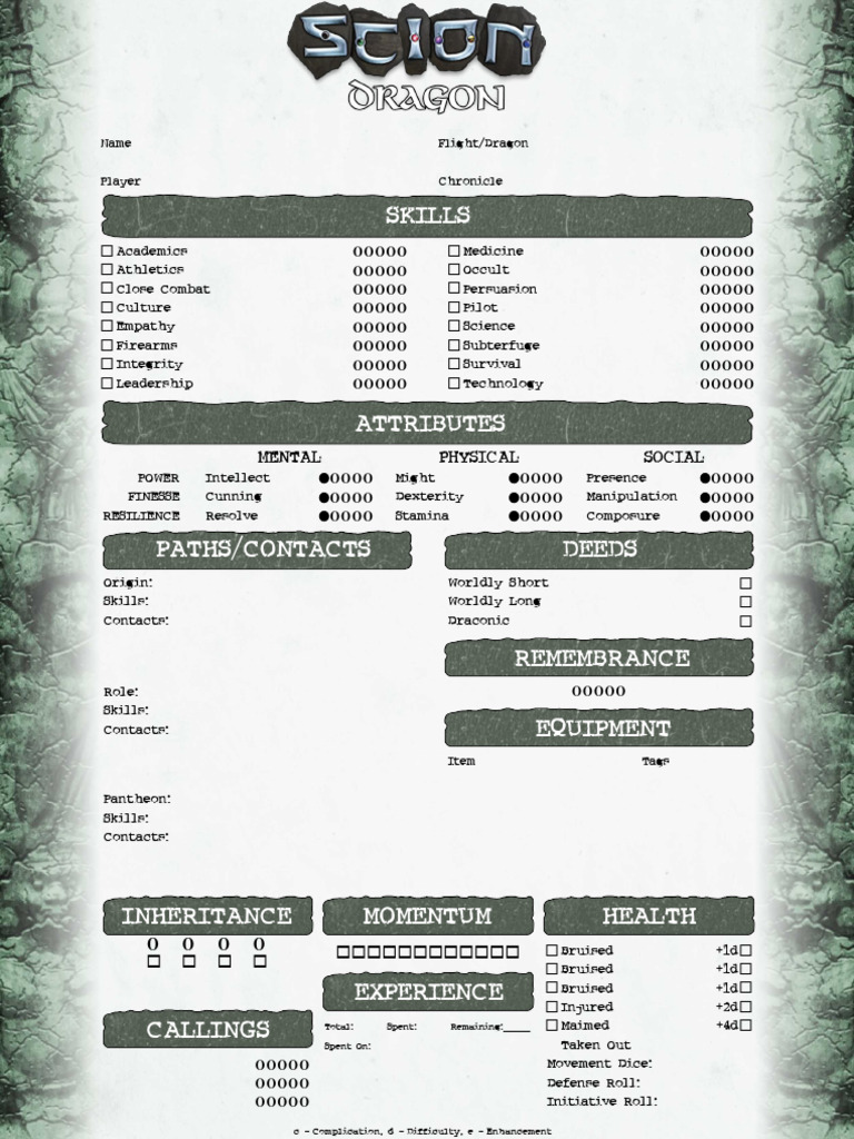 Scion Sheet Dragon | PDF | Tabletop Games | Role Playing Games