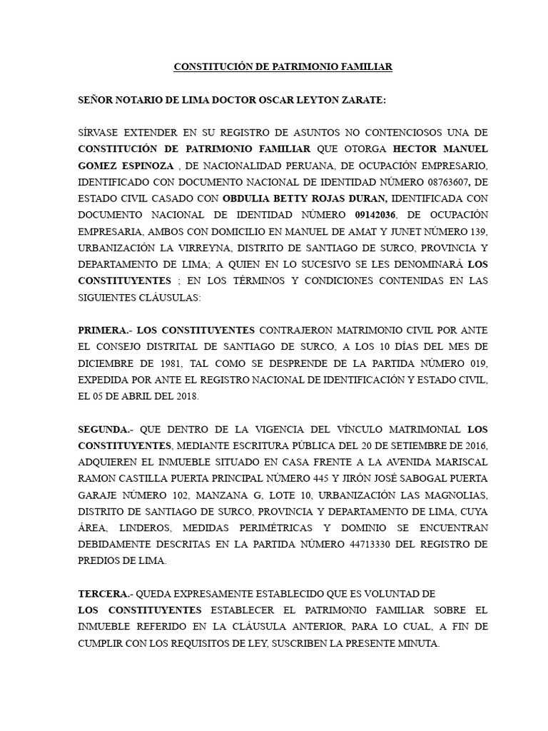 Minuta de Constitución de Patrimonio Familiar. | PDF | Documento de ...