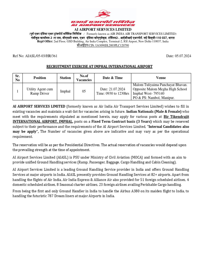 Imphal Airport Ramp Driver 2024 | PDF