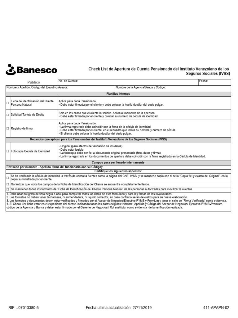 Check List Apertura de Cuenta Pensionados IVSS | PDF | Documento de ...