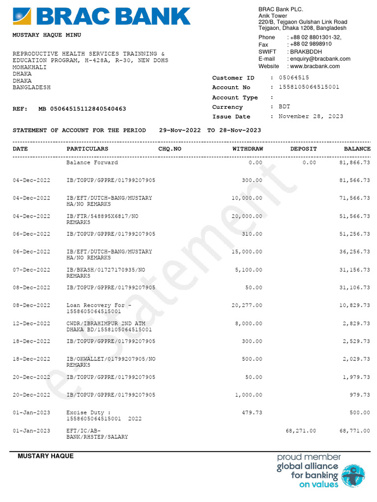 BRAC Bank Statement 28112023-1 | PDF | Automated Teller Machine ...