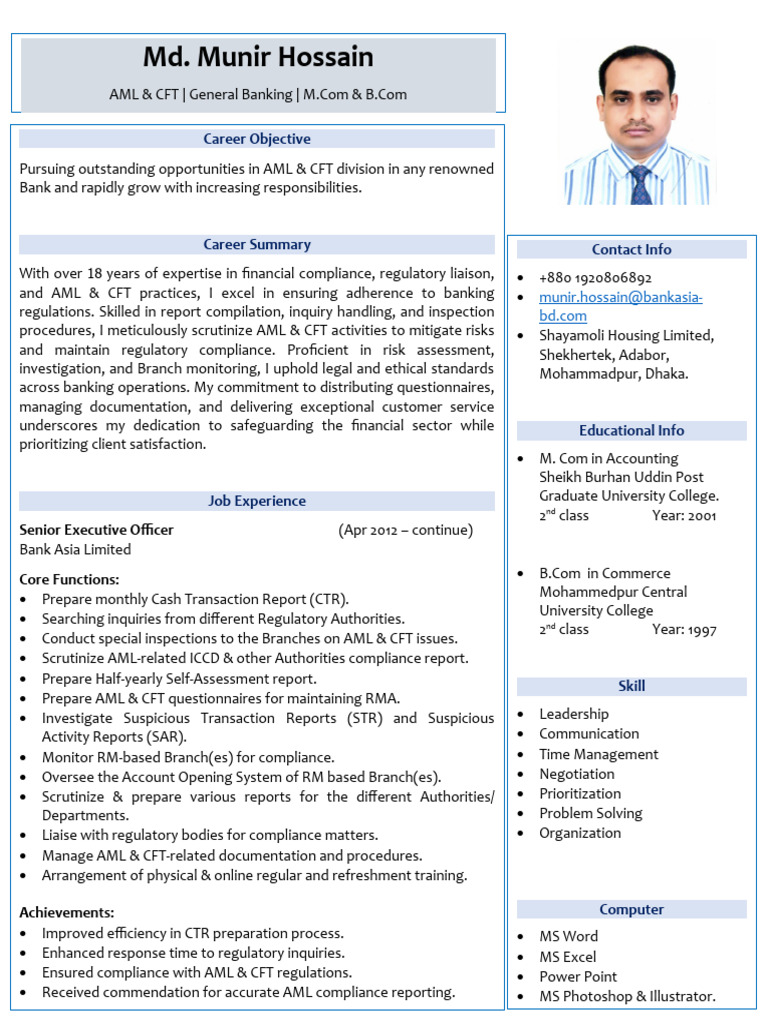 Standard CV - Md. Munir Hossain | PDF | Regulatory Compliance | Business
