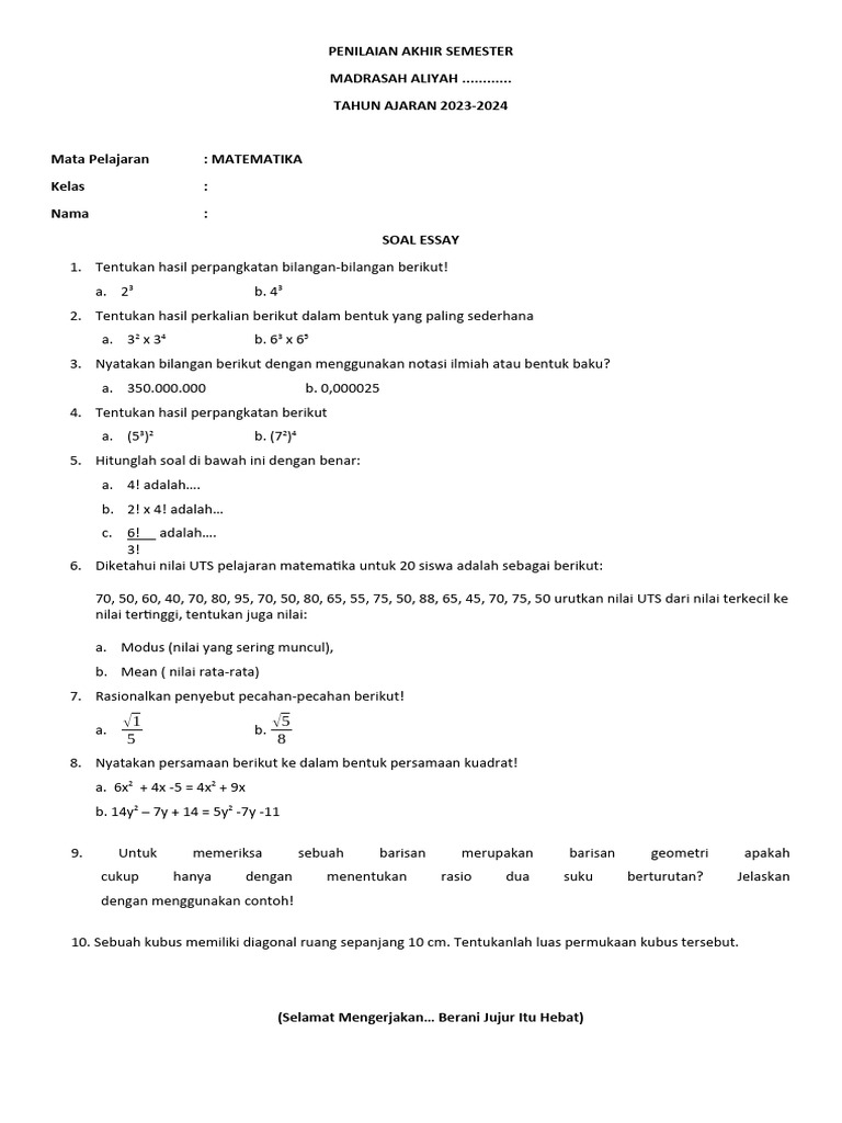 Contoh Soal Pas MTK Ma | PDF | Metode & Bahan Ajar