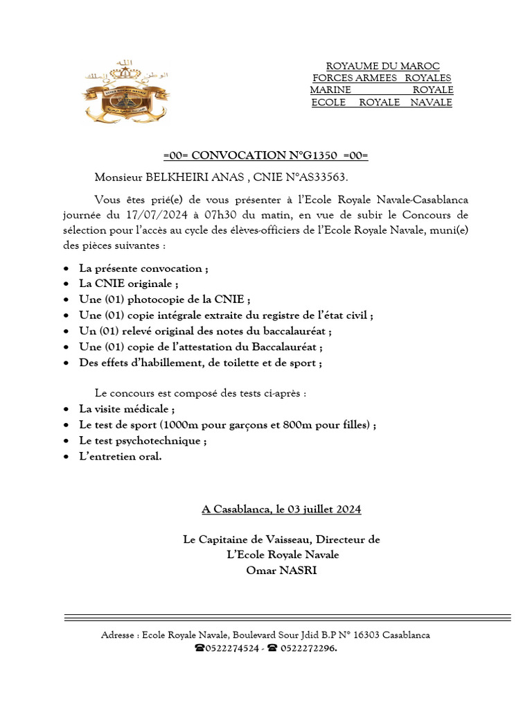 Convocation au Concours de l'Ecole Navale | PDF