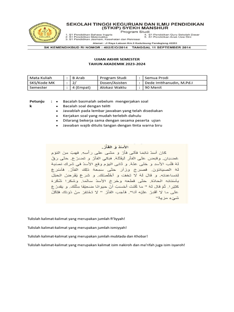 Soal UAS B Arab PJKR 4 | PDF