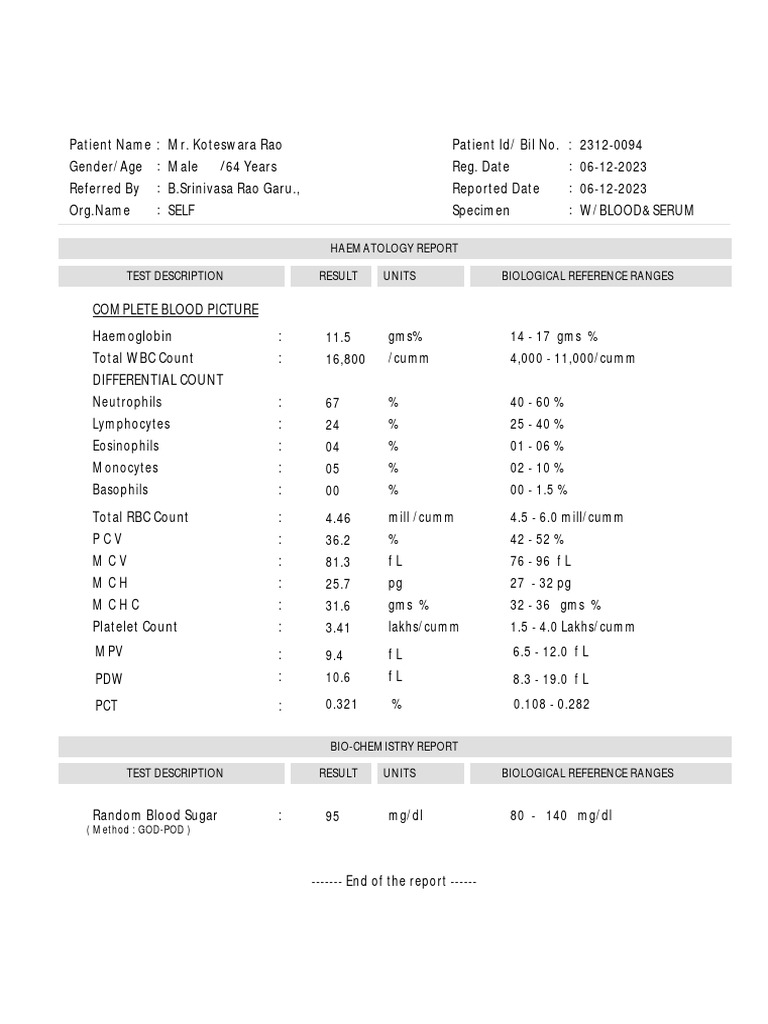 Hematology and Biochemistry Report | PDF | White Blood Cell | Vertebrates