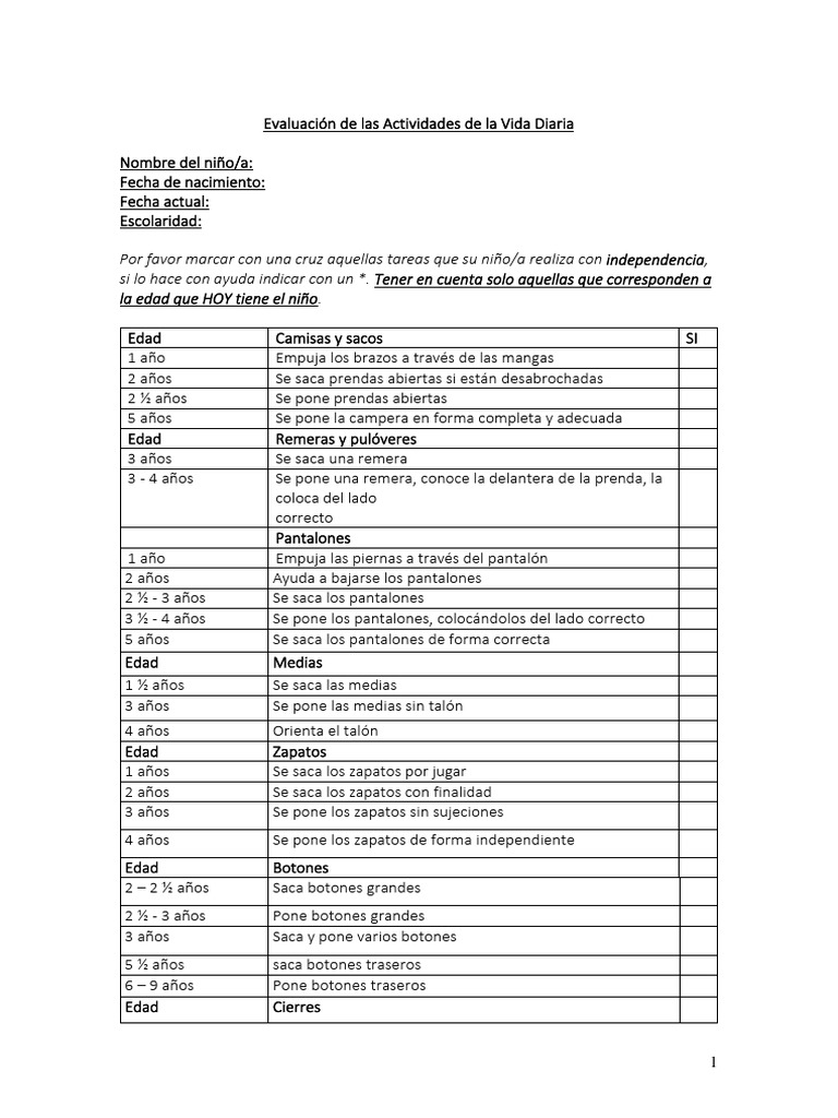 AVD Entrevista Menores 5 Años | PDF | Ropa