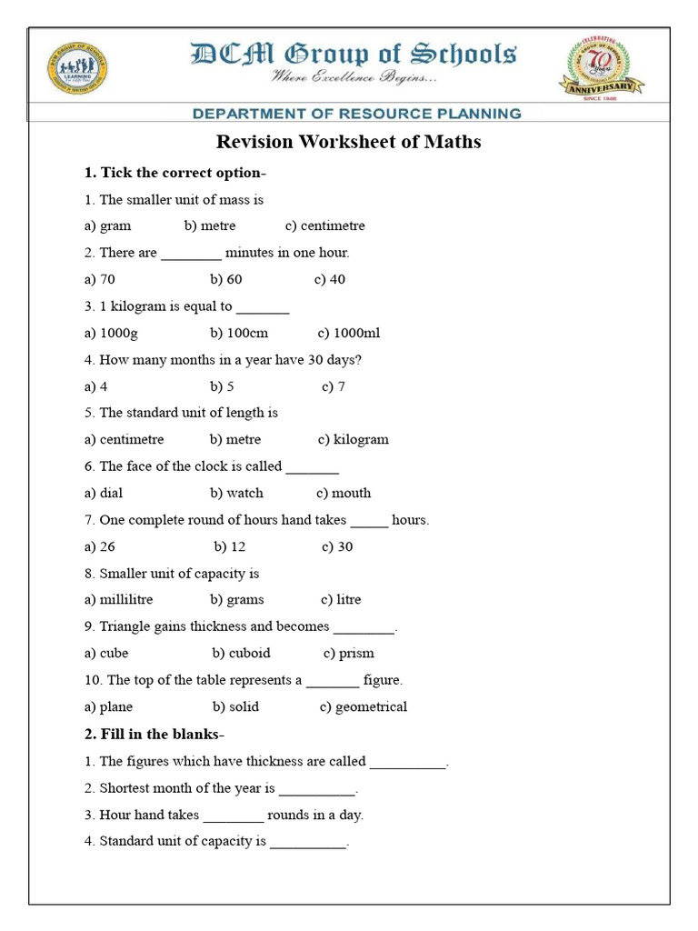 Grade 3 Maths Revision Worksheet | PDF | Litre | Length