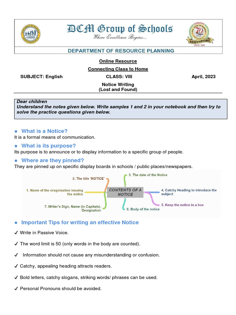 Notice Writing | PDF | Language Mechanics | Grammar