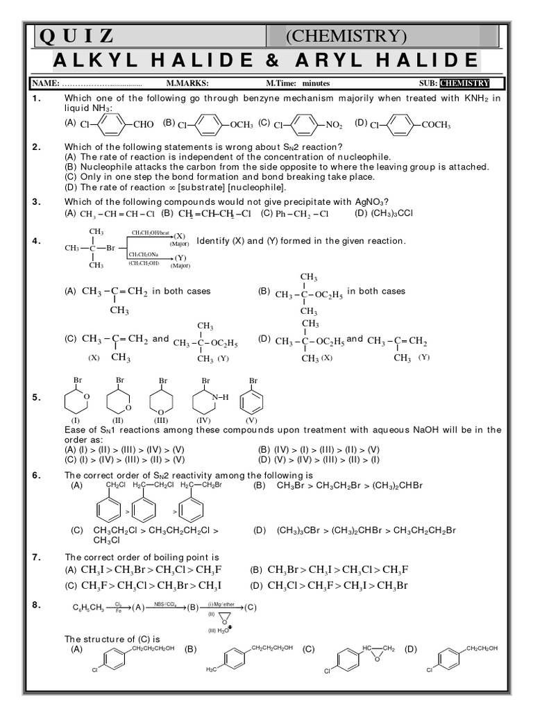 QUIZ-ALKYL_HALIDE-MKS | PDF | Methyl Group | Chemical Reactions