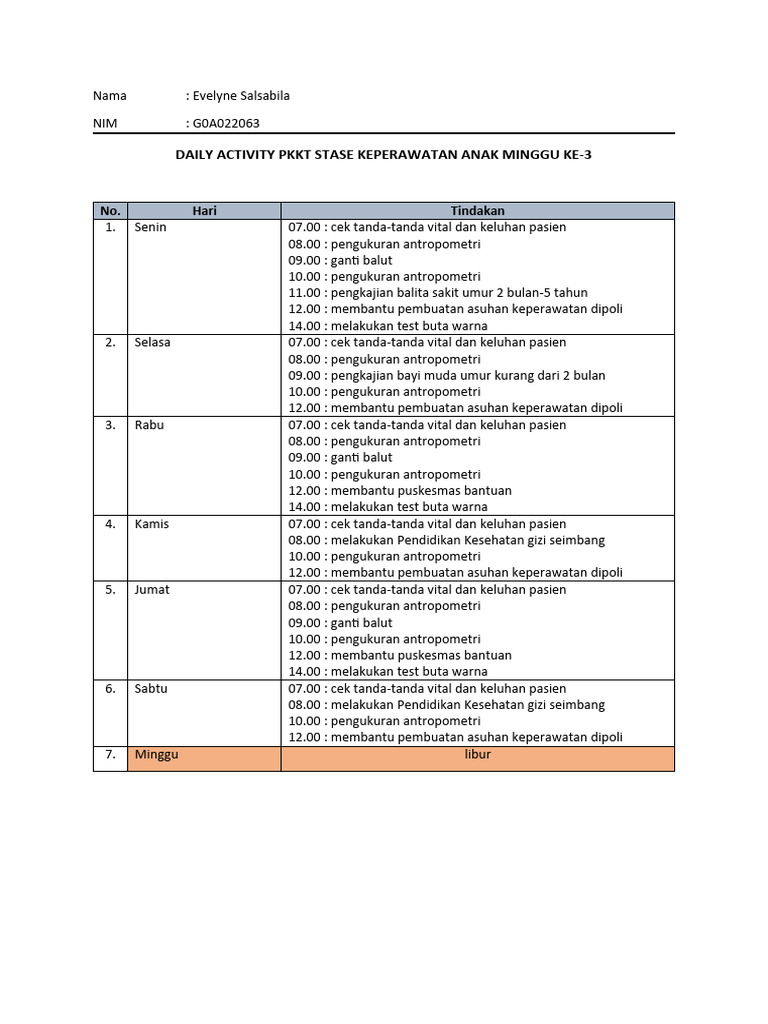 Daily Activity Minggu 3 Kep Anak | PDF | Kesehatan Holistik