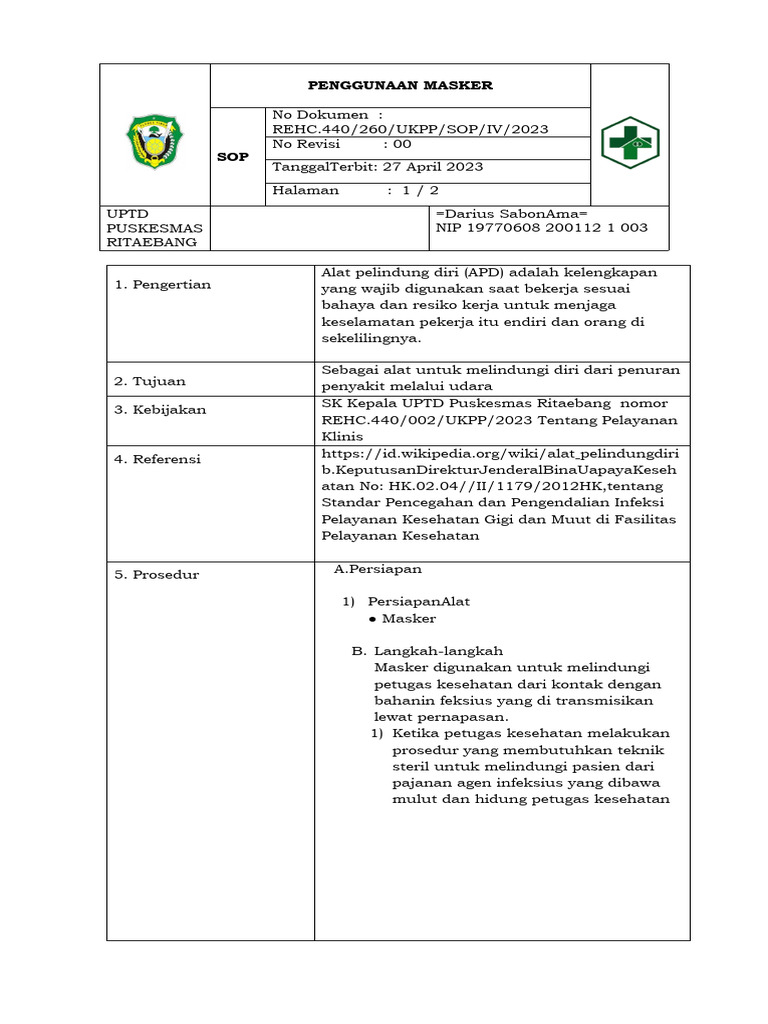 Prosedur Penggunaan Masker APD | PDF
