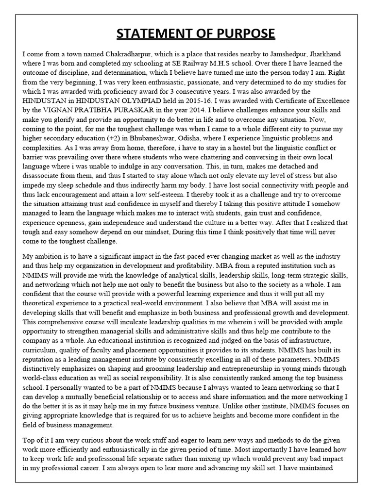 NMIMS SOP - Edited | PDF | Leadership | Master Of Business Administration