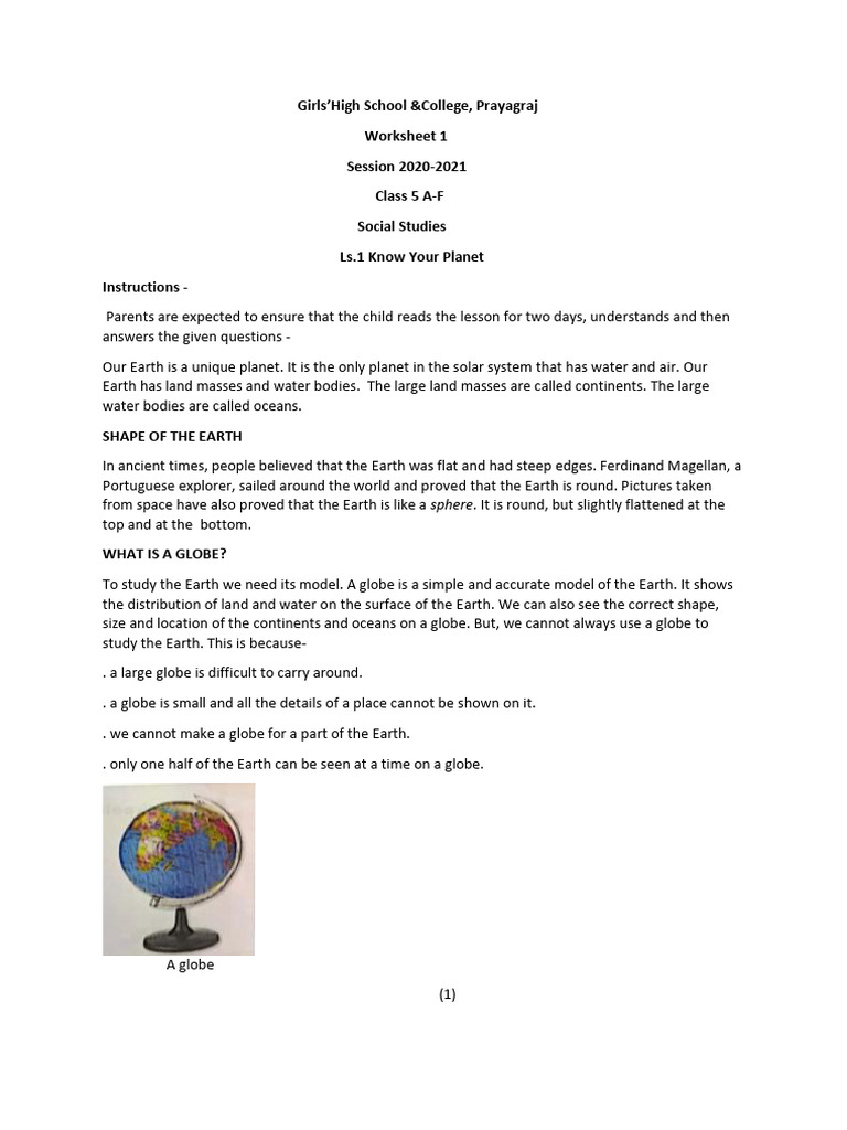 Class 5 Social Studies Worksheet 1 | PDF | Map | Earth