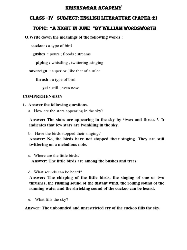A Night in June: Poem Analysis for Class 4 | PDF