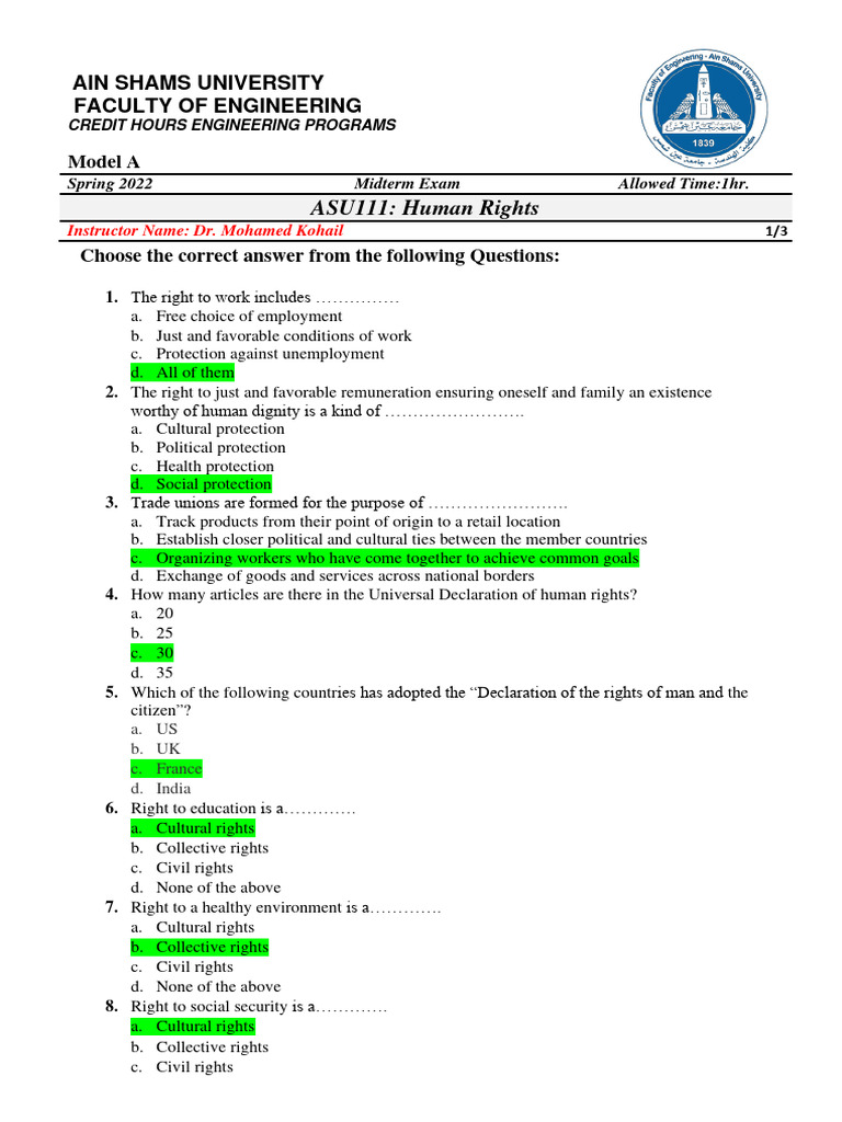 Credit Midterm (Model Answer) | PDF | Human Rights | Civil And Political Rights