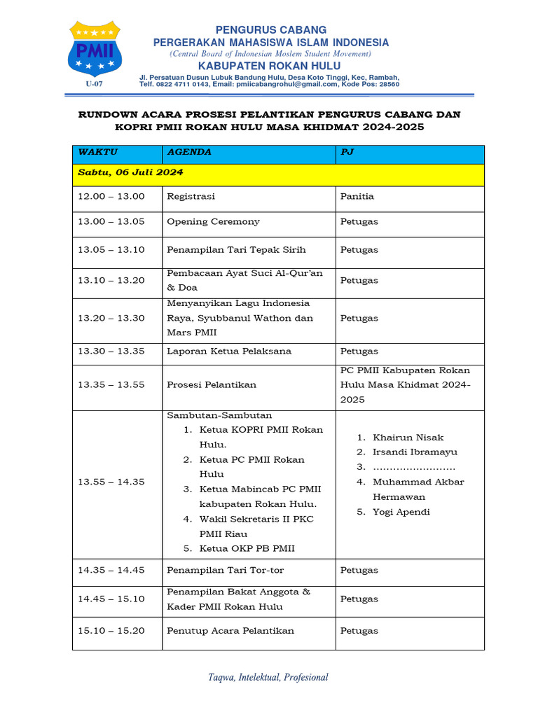 Rundown Acara Pelantikan PC & Kopri Pmii Rohul | PDF