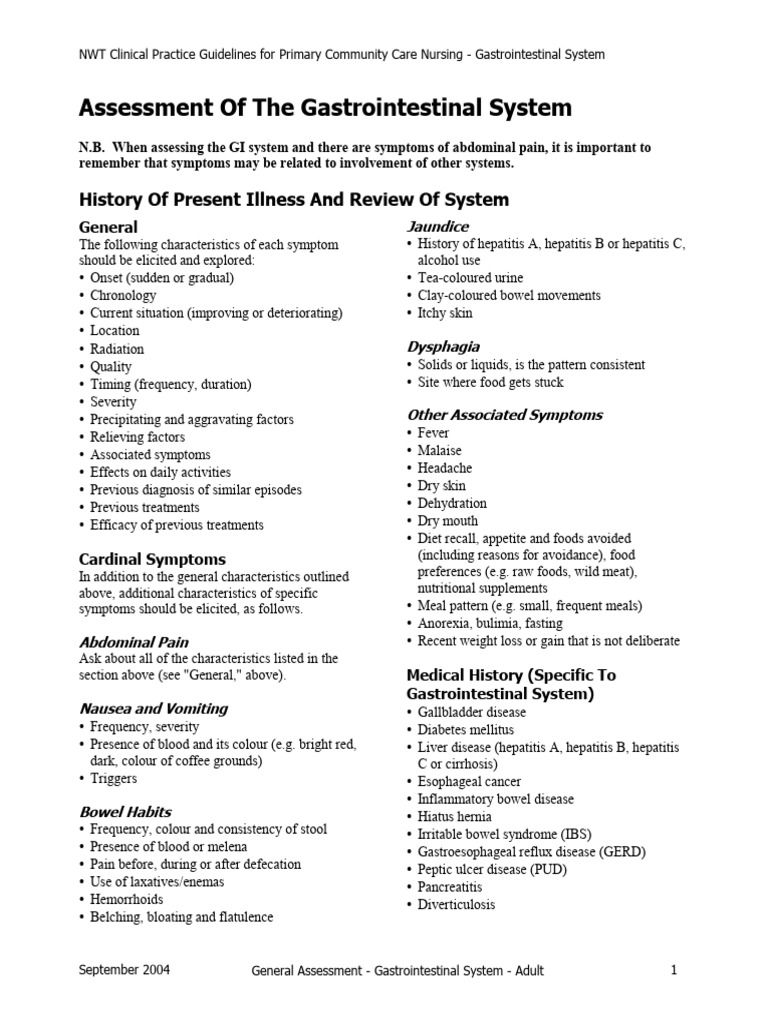 CPGPCCN Gastrointestinal System Adult General Assessment | PDF ...