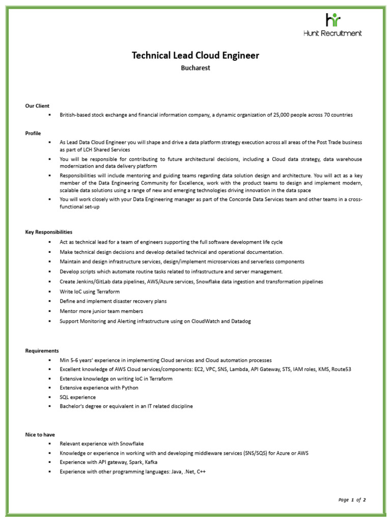 JD Technical Lead Cloud Engineer | PDF | Cloud Computing | Amazon Web Services