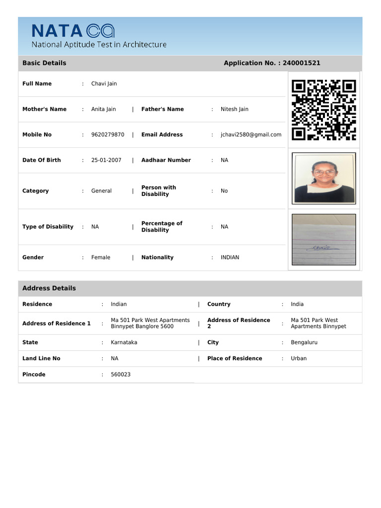 nata application | PDF | Bangalore | Educational Stages